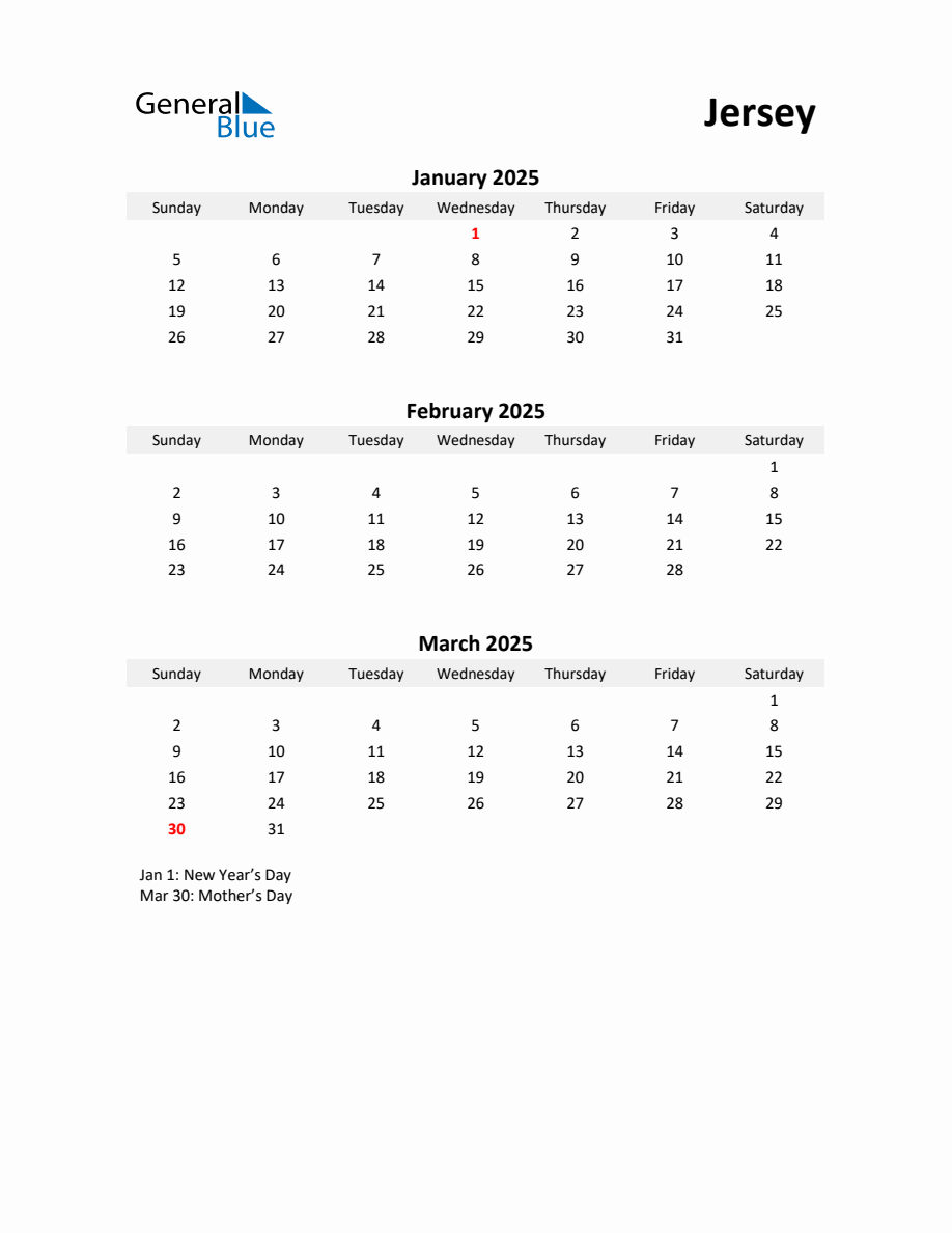 Printable Quarterly Calendar with Notes and Jersey Holidays (Q1, 2025)