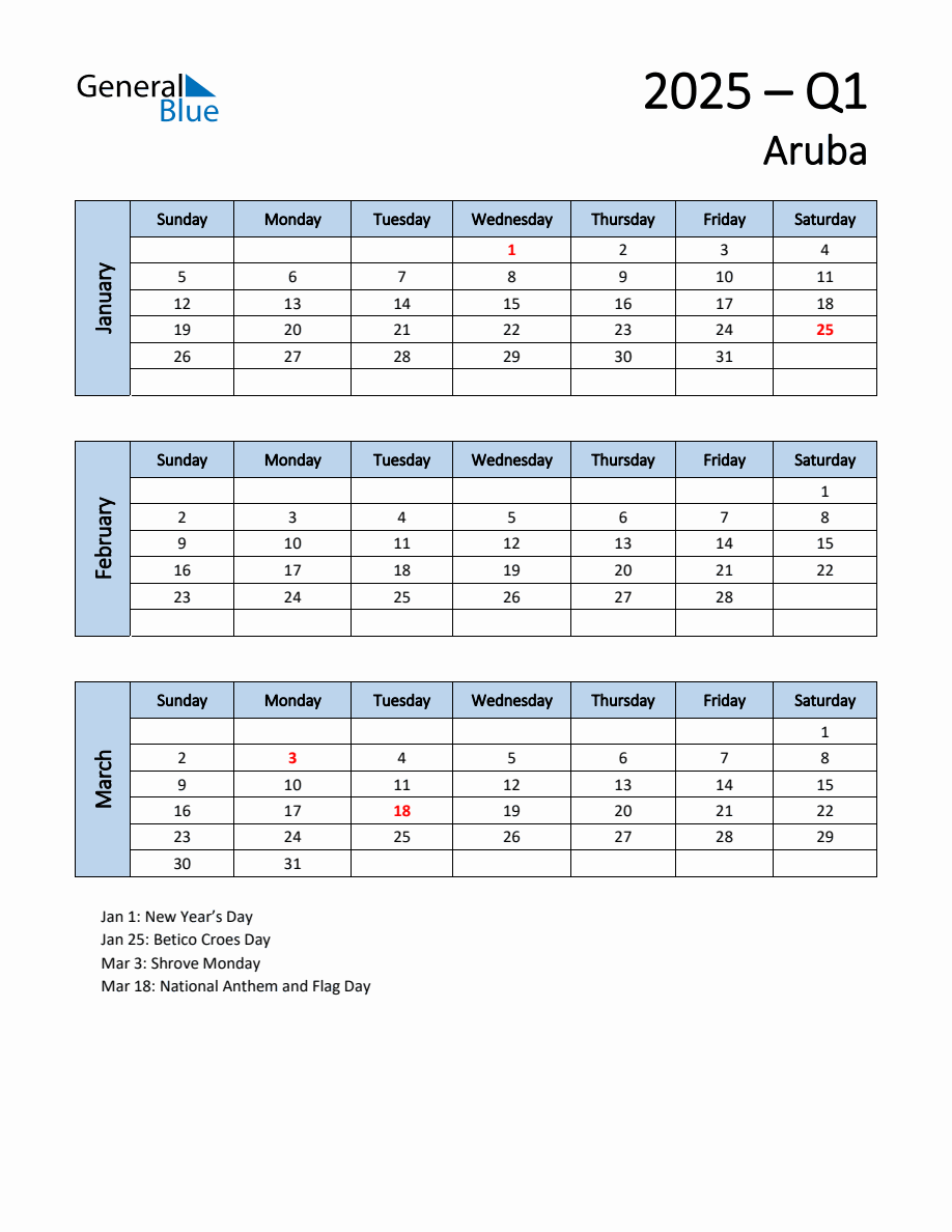 Free Q1 2025 Calendar for Aruba