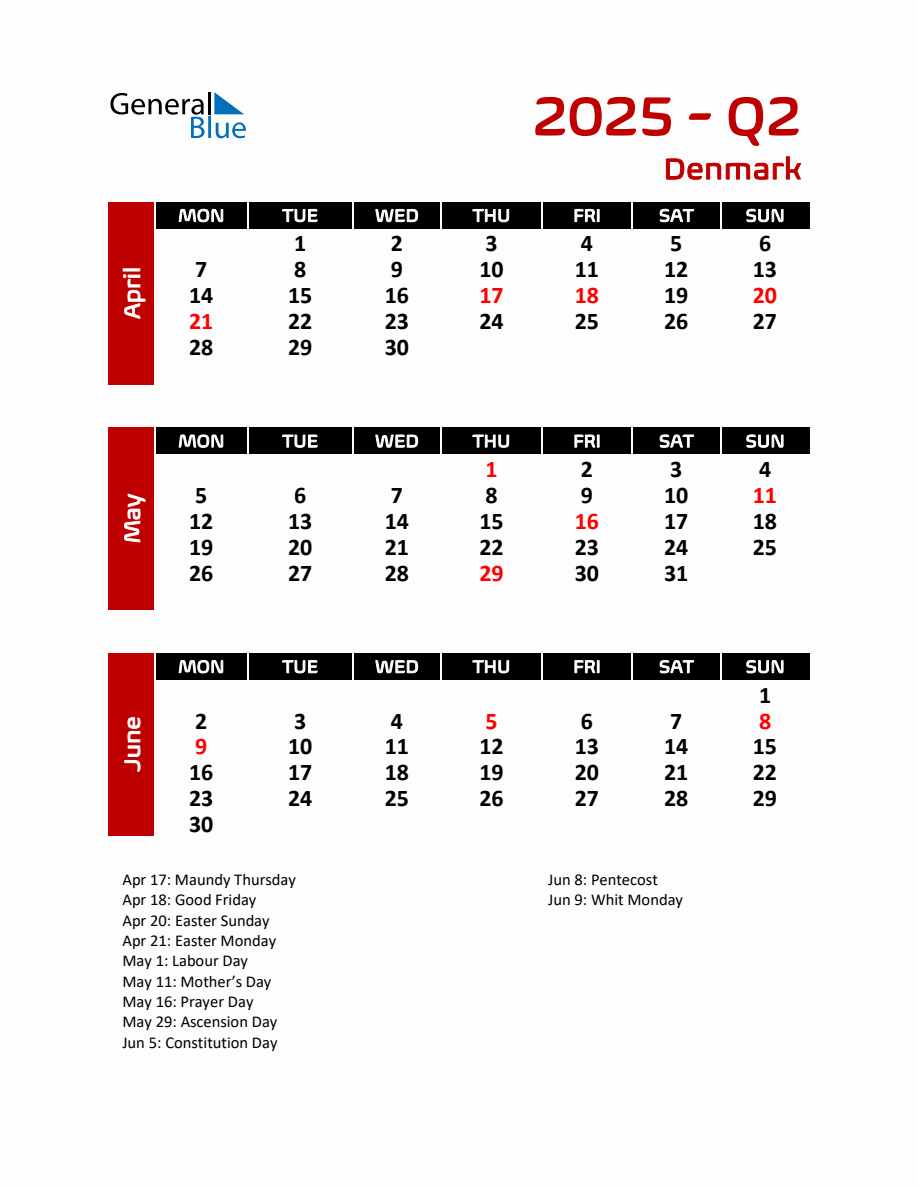 Q2 2025 Calendar with Holidays for Denmark - Monday Start