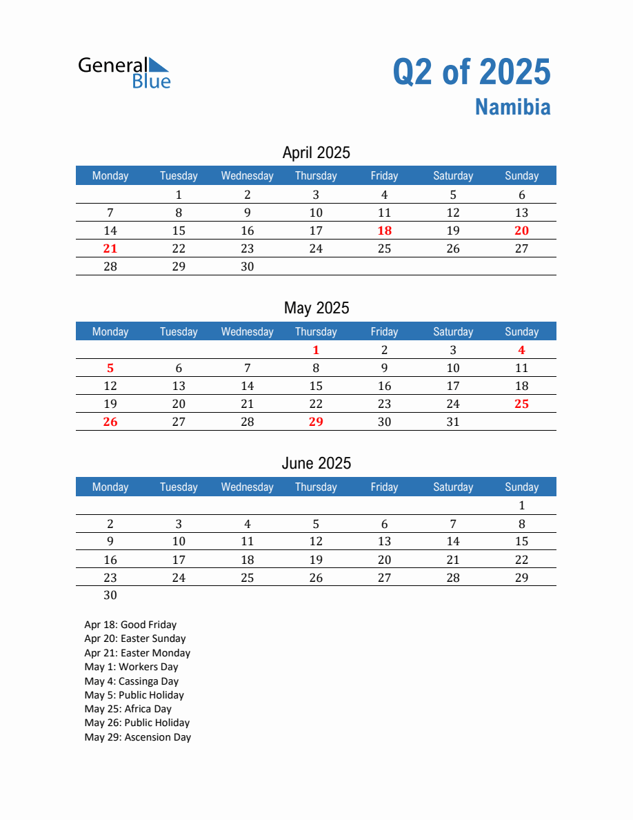 Namibia 2025 Quarterly Calendar with Monday Start
