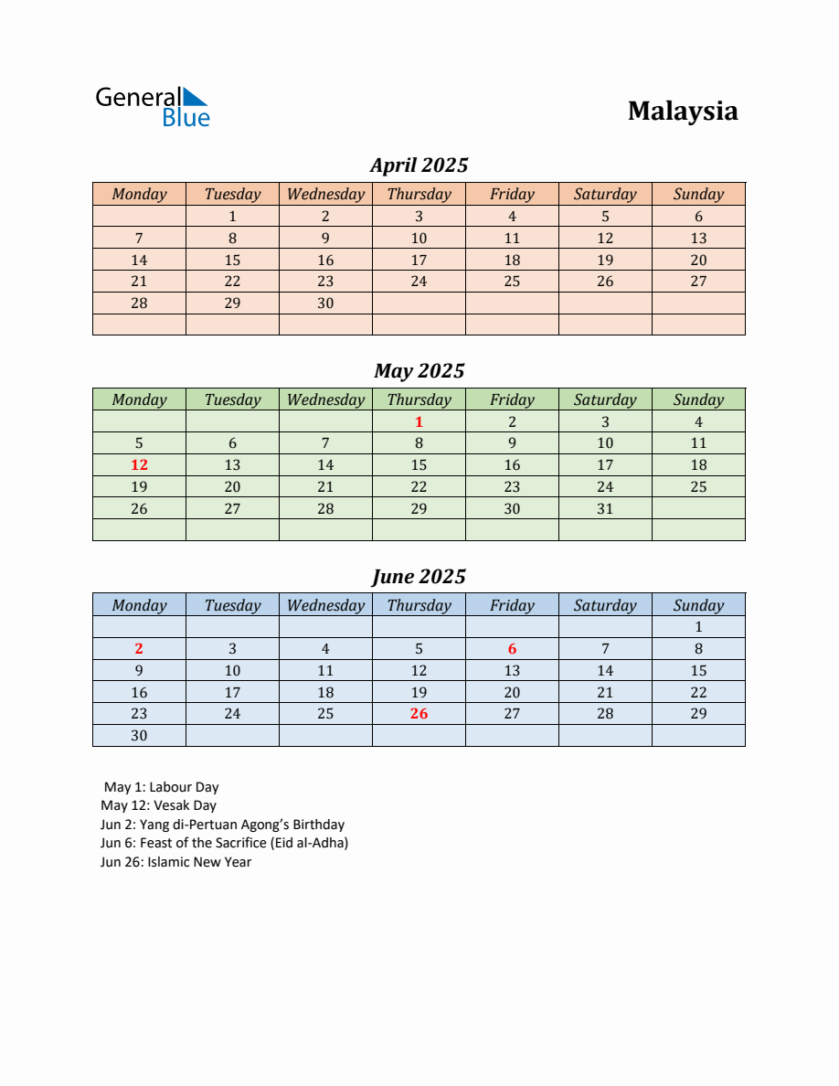 Q2 2025 Holiday Calendar for Malaysia - Monday Start