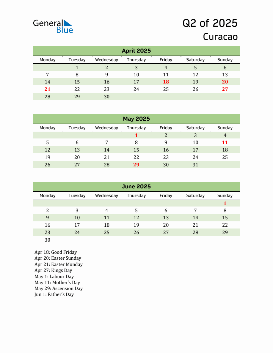 Quarterly Calendar with Curacao Holidays (Q2 of 2025) - Monday Start