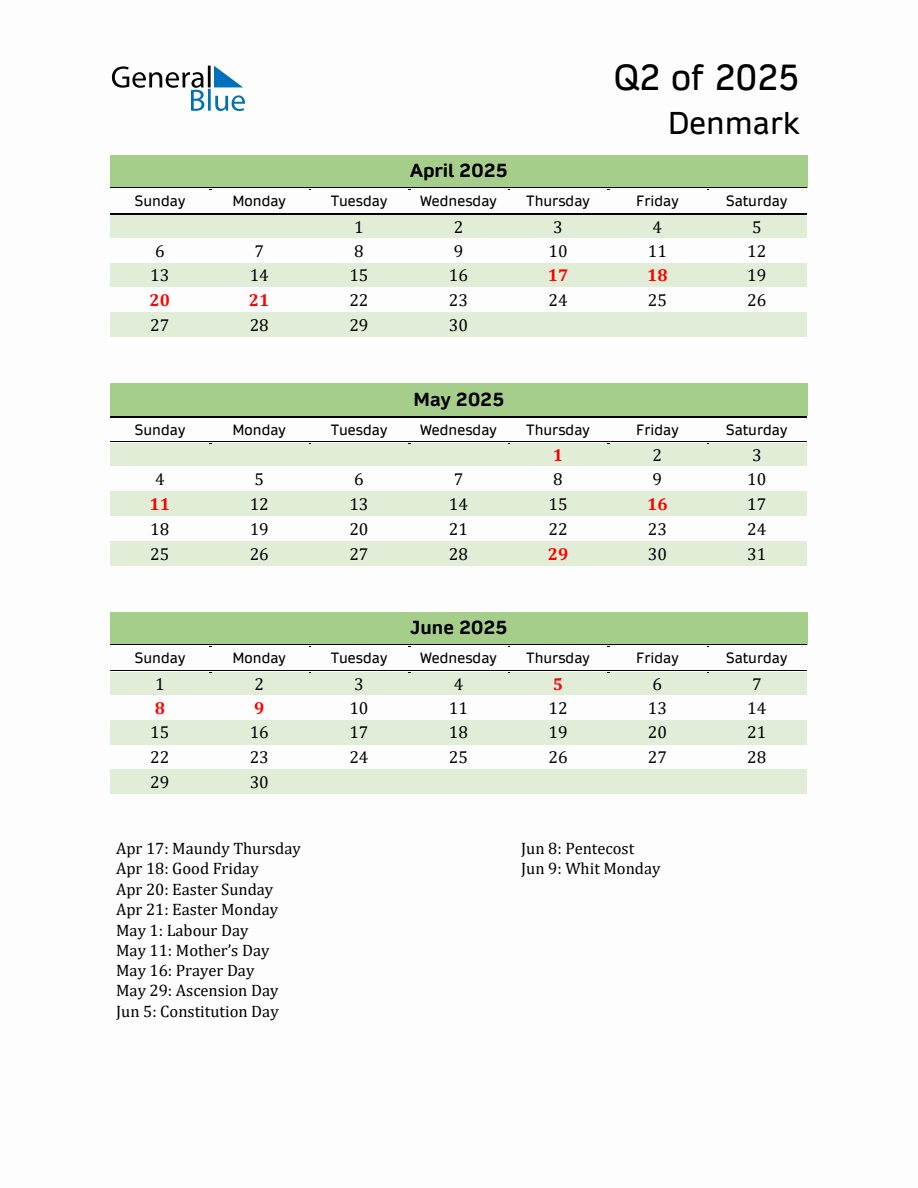 Quarterly Calendar with Denmark Holidays (Q2 of 2025)