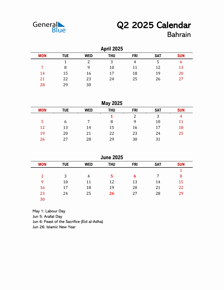 2025 Q2 Calendar with Holidays List for Bahrain