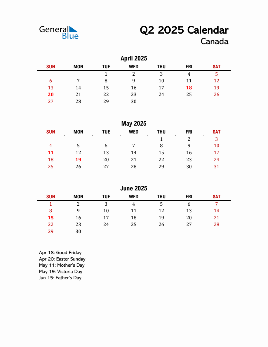 2025 Q2 Calendar with Holidays List for Canada