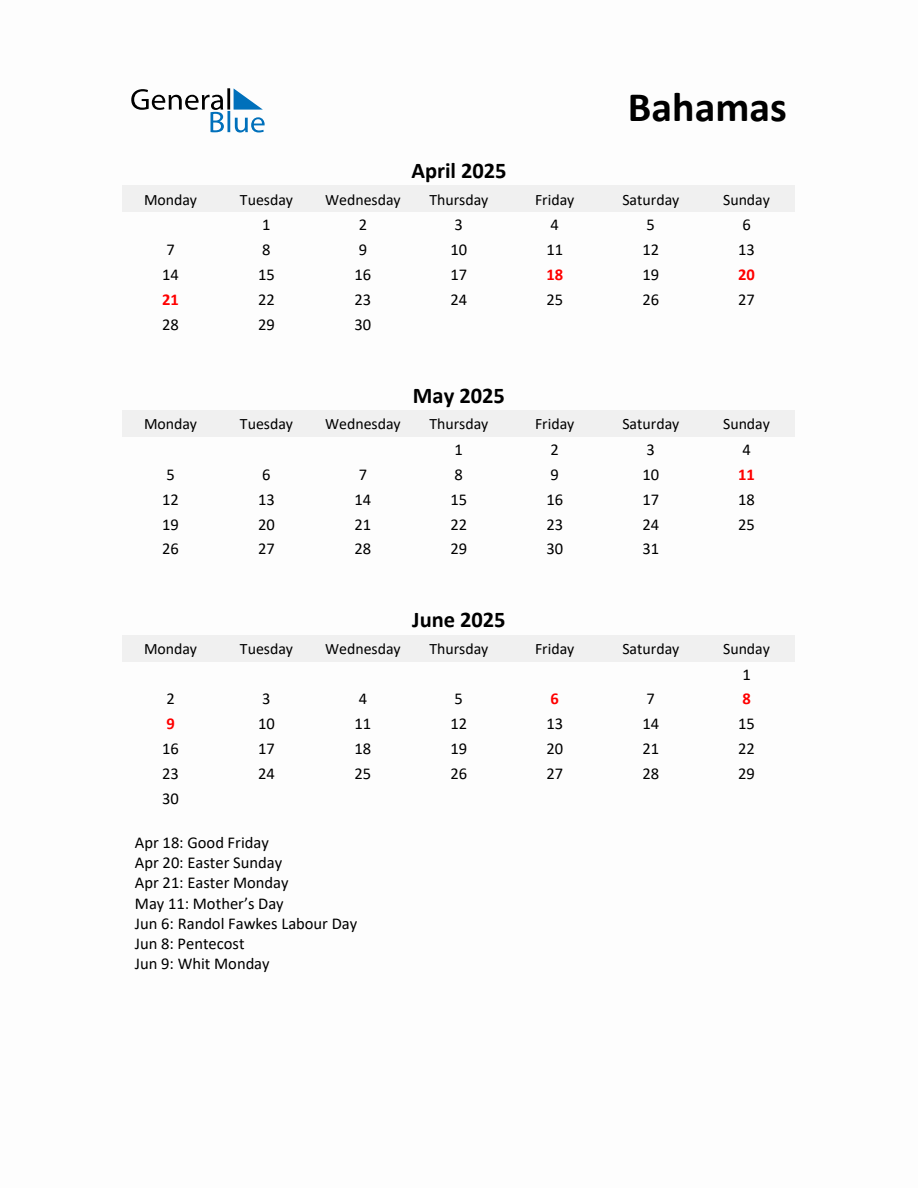 Printable Quarterly Calendar with Notes and Bahamas Holidays (Q2, 2025 ...