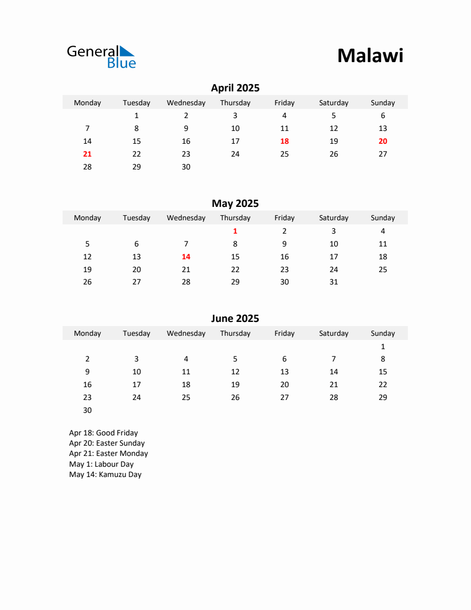 Printable Quarterly Calendar with Notes and Malawi Holidays (Q2, 2025 ...