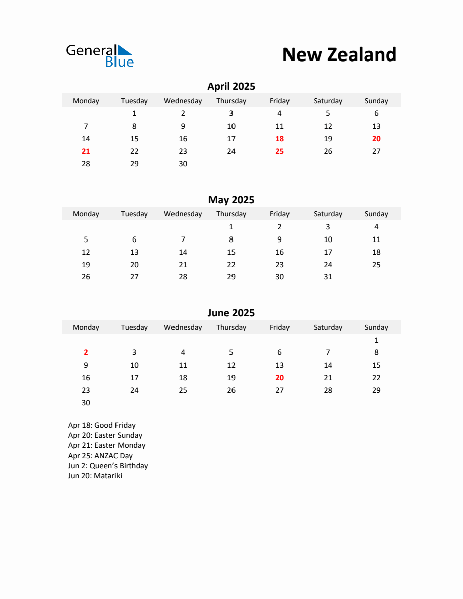 Printable Quarterly Calendar with Notes and New Zealand Holidays (Q2 ...