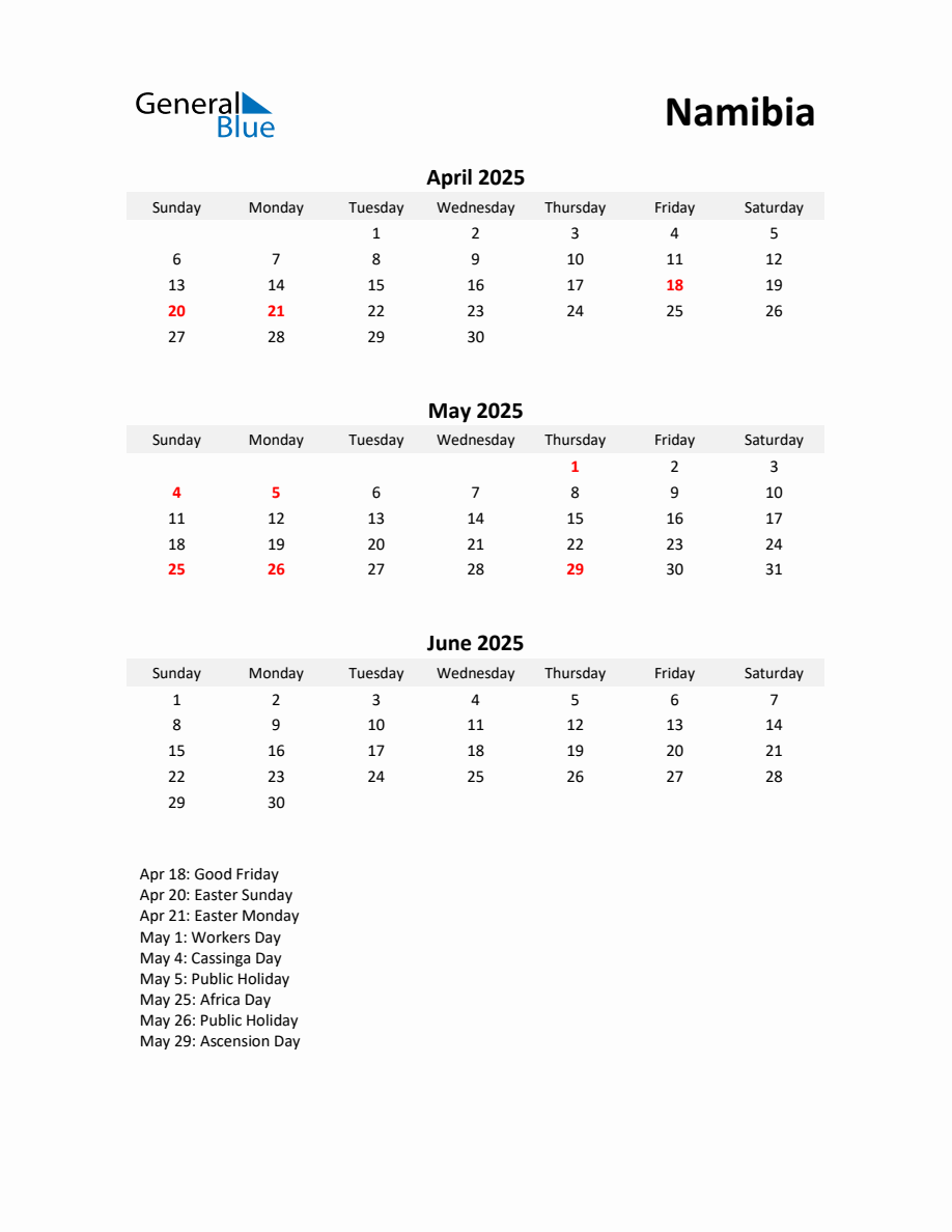 Printable Quarterly Calendar with Notes and Namibia Holidays (Q2, 2025)