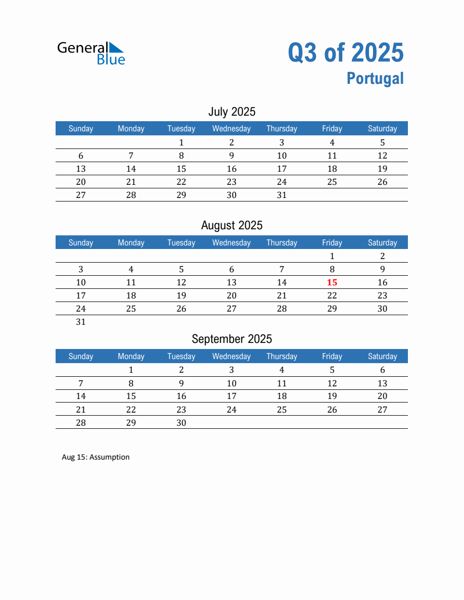 Portugal Quarterly Calendar (Quarter 3 of 2025)