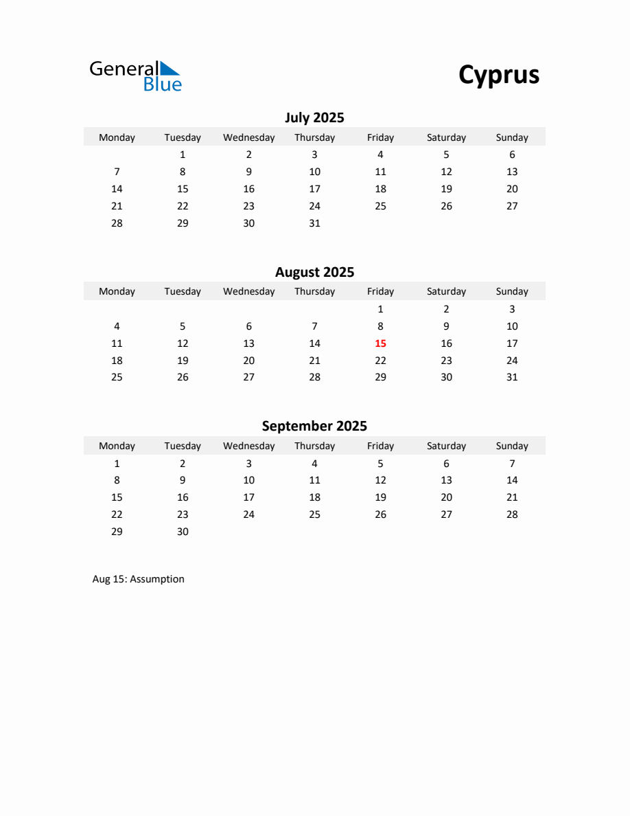Printable Quarterly Calendar with Notes and Cyprus Holidays (Q3, 2025 ...