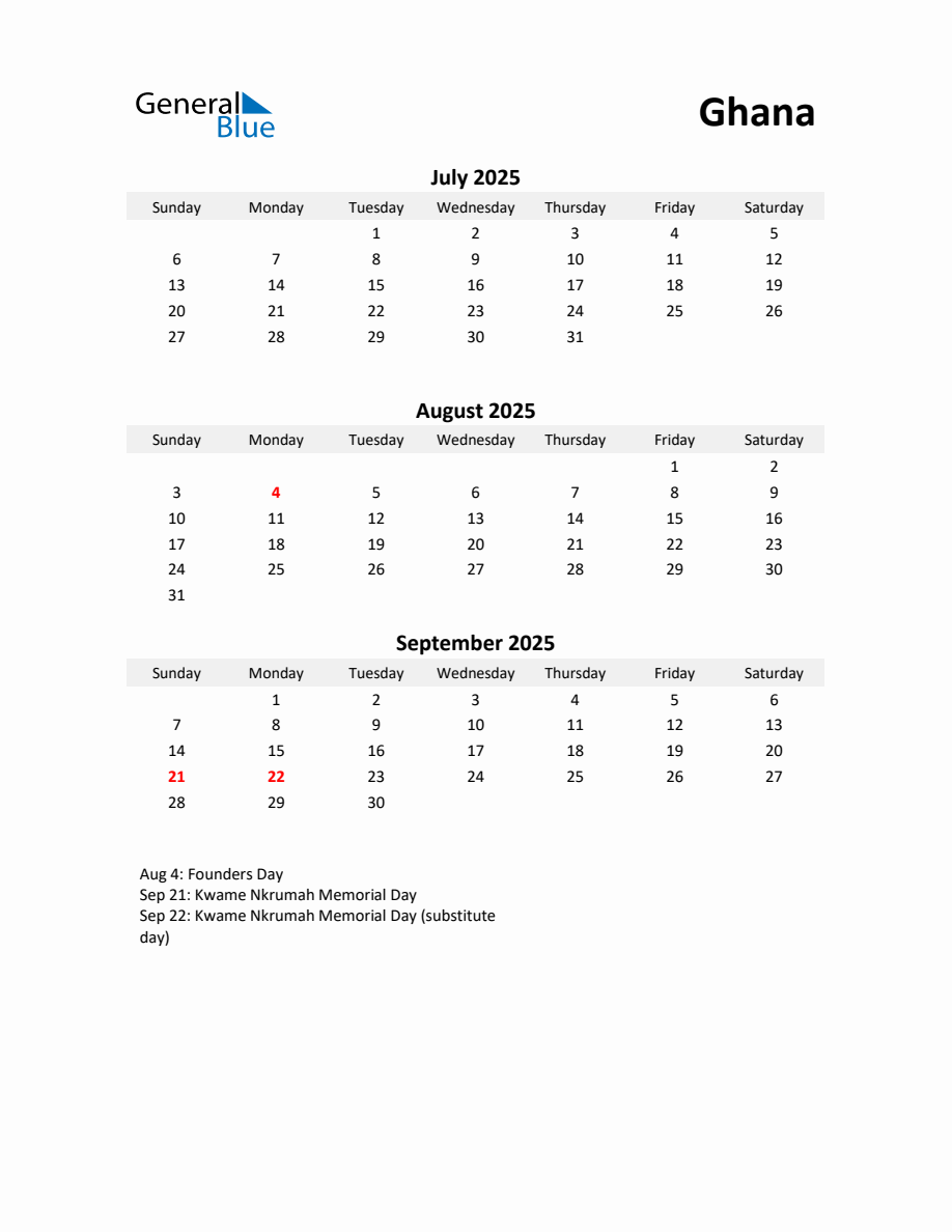 Printable Quarterly Calendar with Notes and Ghana Holidays (Q3, 2025)