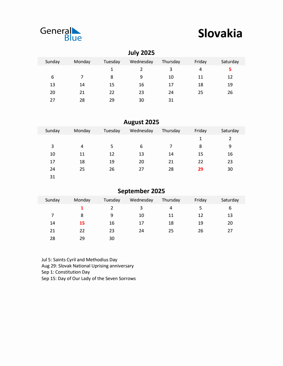 Printable Quarterly Calendar with Notes and Slovakia Holidays (Q3, 2025)