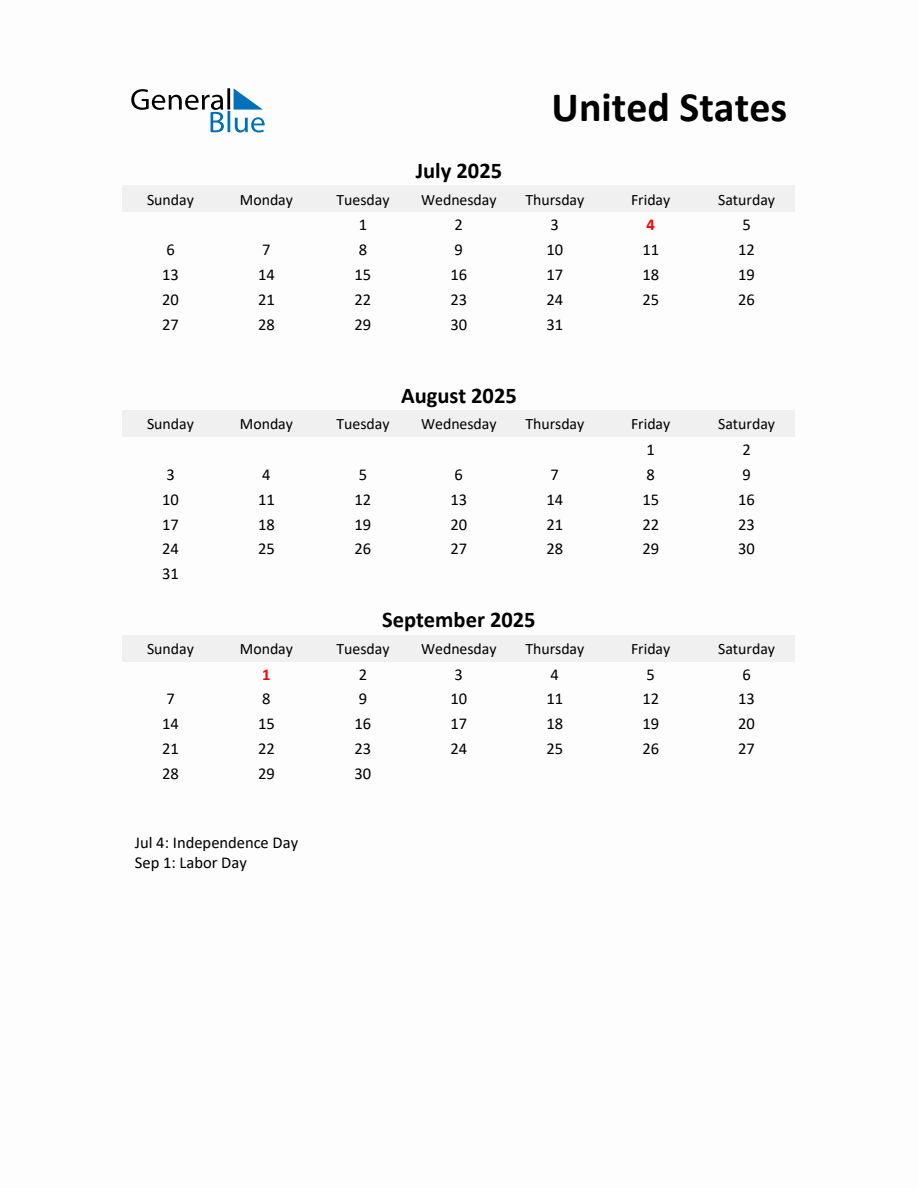Printable Quarterly Calendar with Notes and United States Holidays- Q3 ...