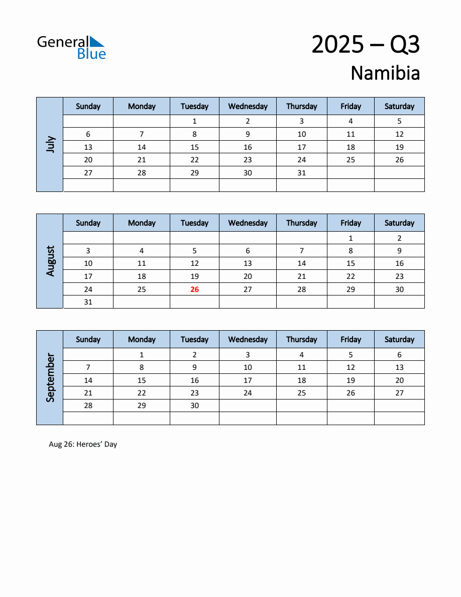 Free Q3 2025 Calendar for Namibia