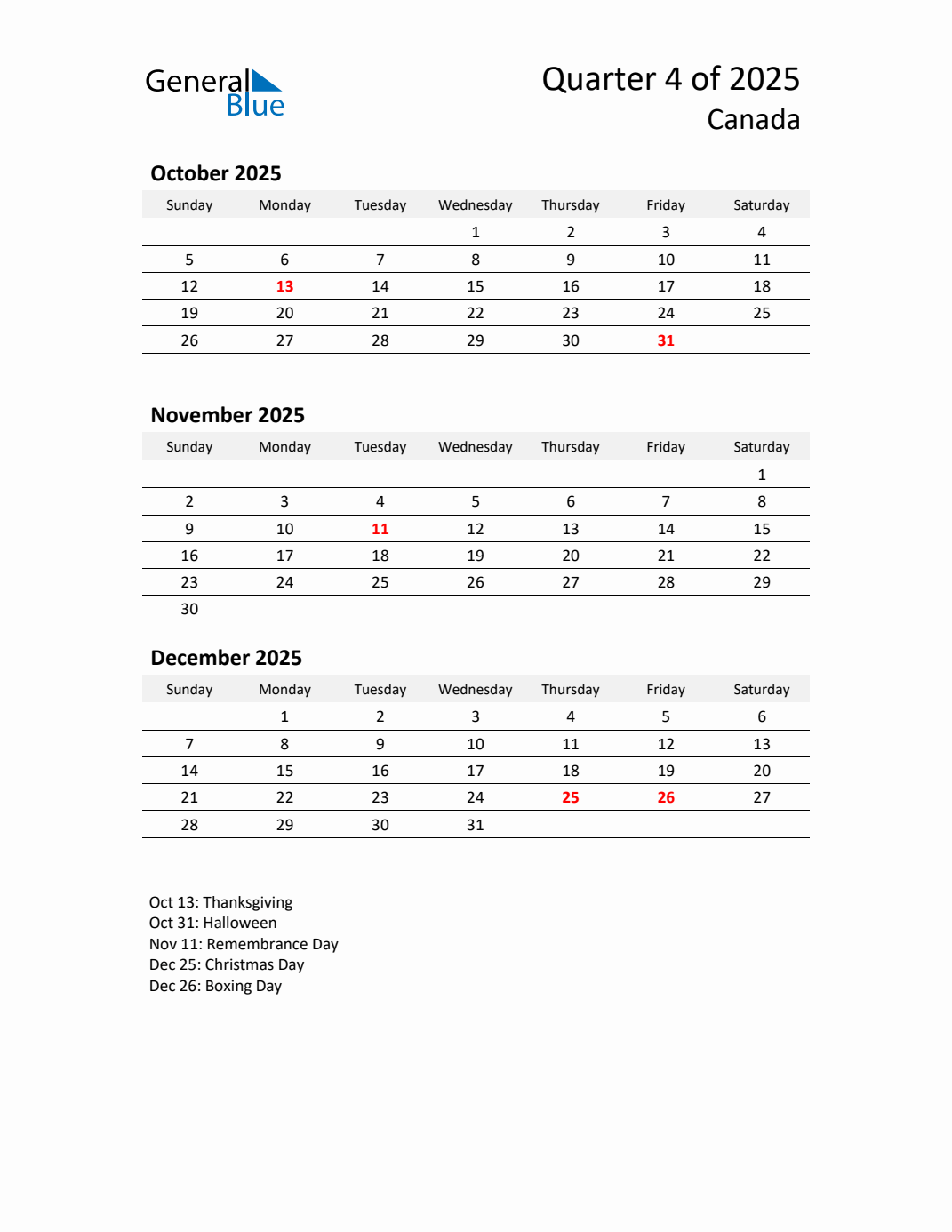 Q4 2025 Quarterly Calendar with Canada Holidays (PDF, Excel, Word)