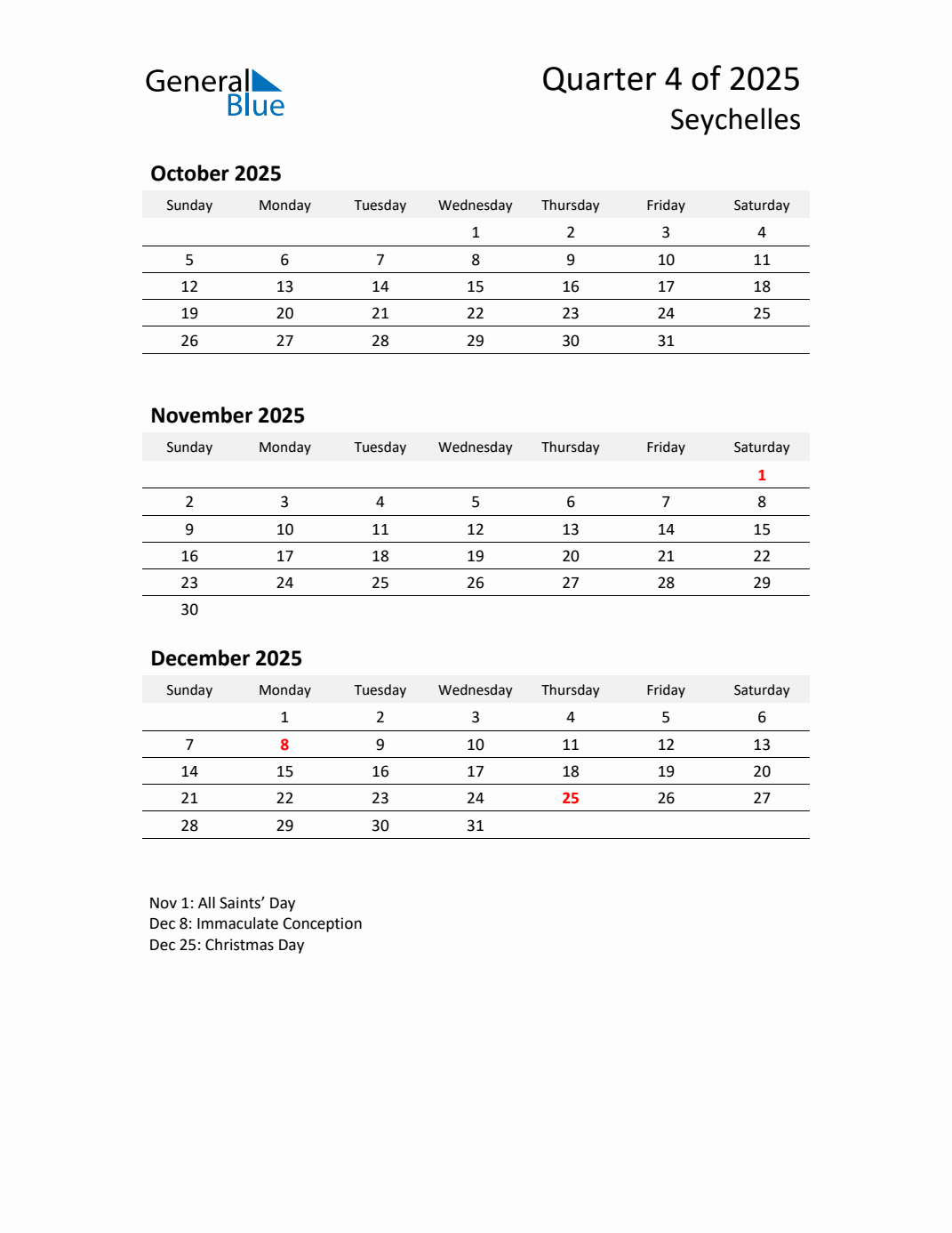 Q4 2025 Quarterly Calendar with Seychelles Holidays (PDF, Excel, Word)