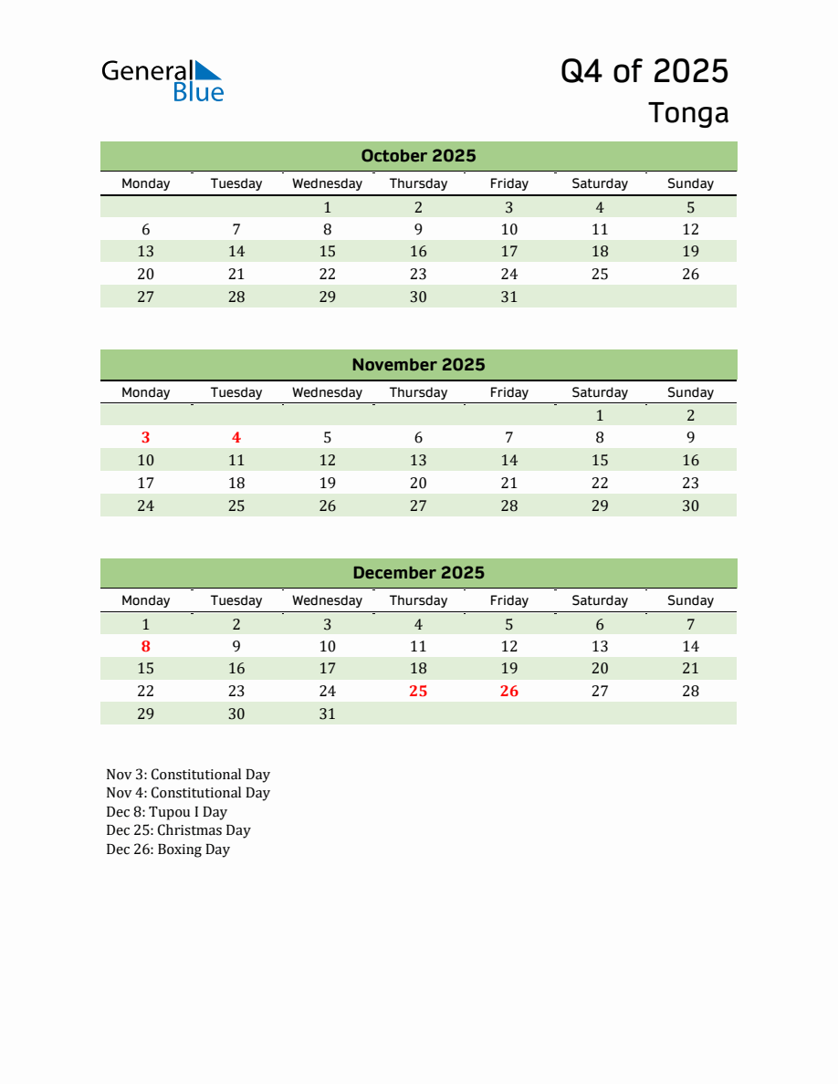 Quarterly Calendar with Tonga Holidays (Q4 of 2025) - Monday Start