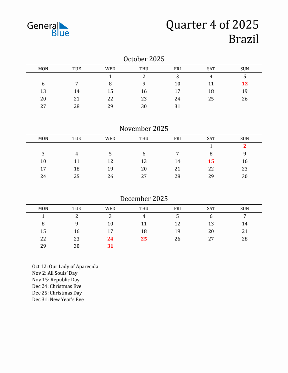Quarter 4 2025 Brazil Quarterly Calendar