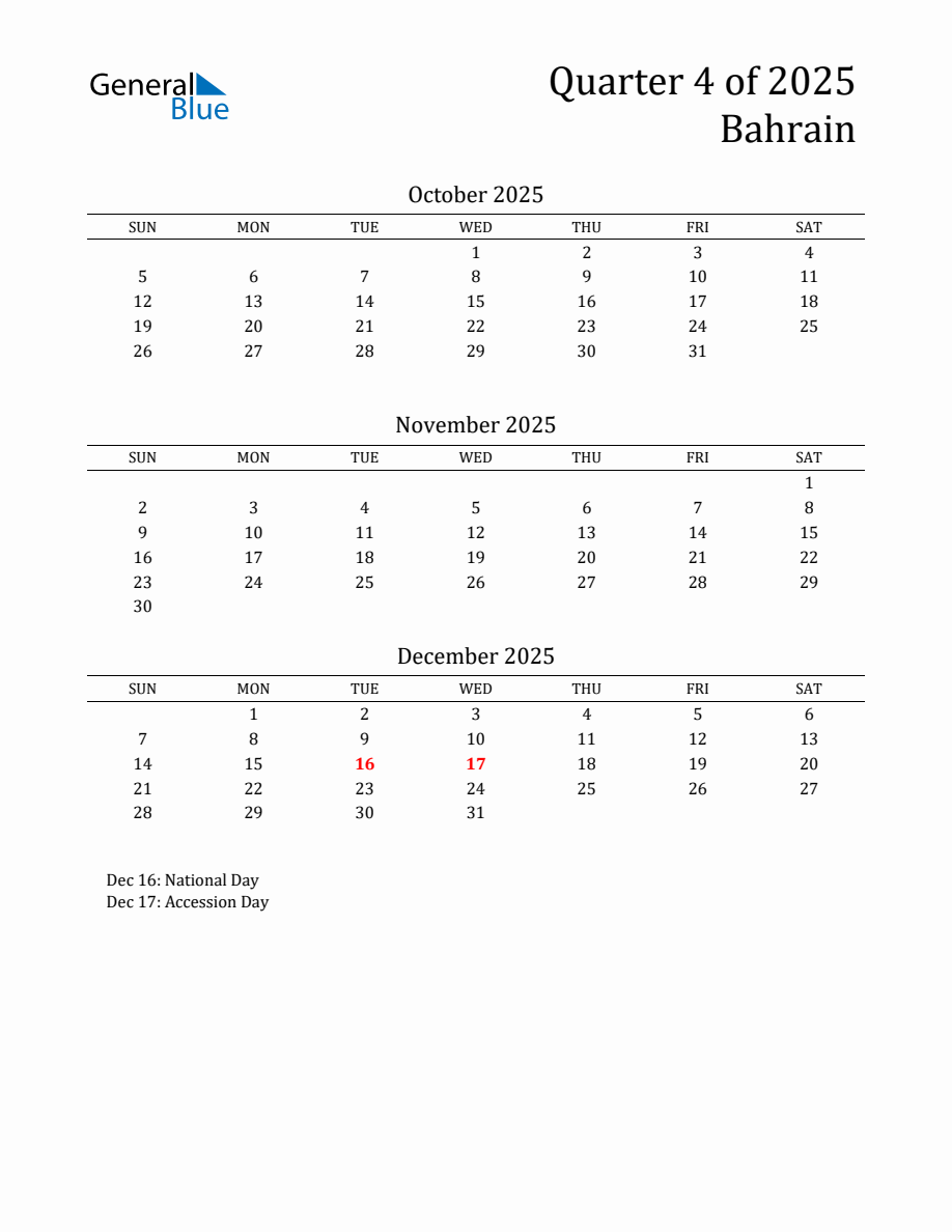 Quarter 4 2025 Bahrain Calendar