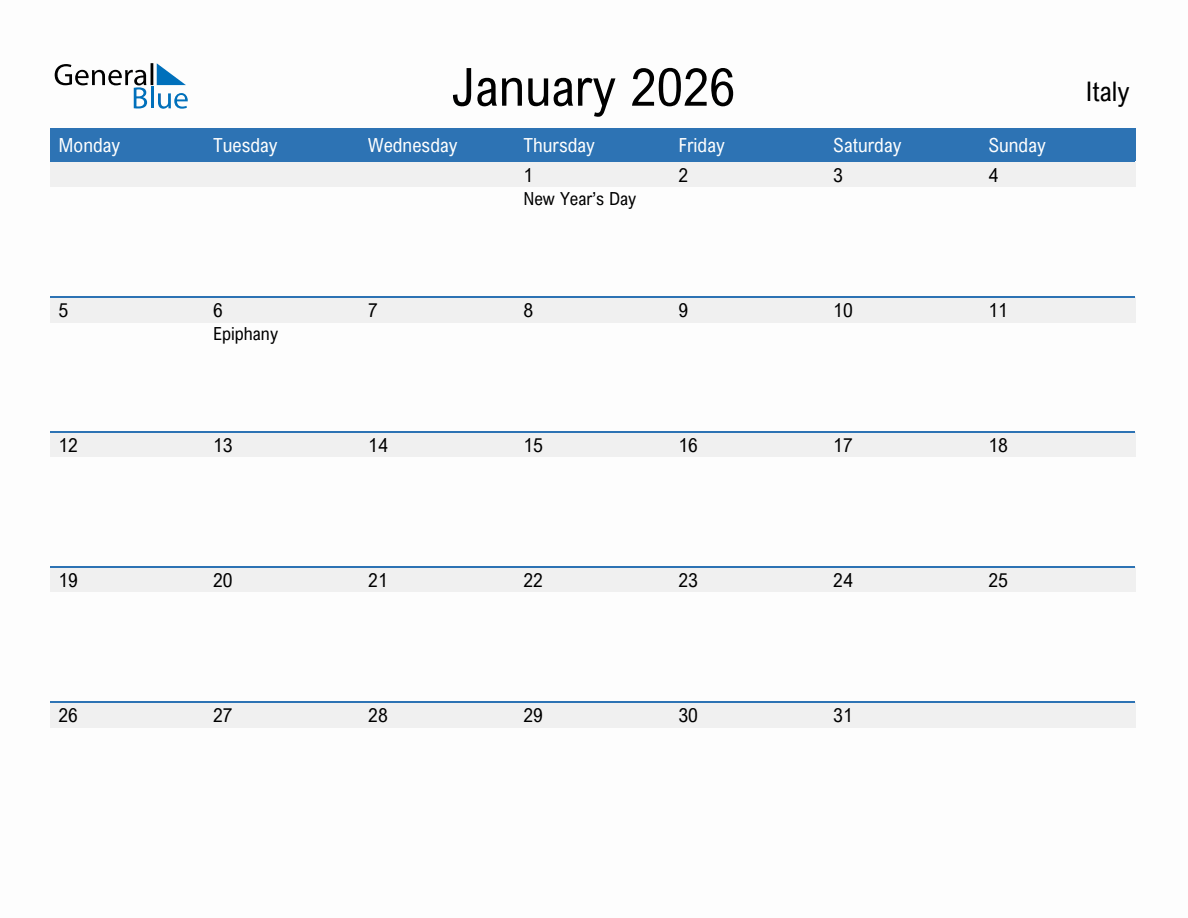 Editable January 2026 Calendar with Italy Holidays (Monday Start)