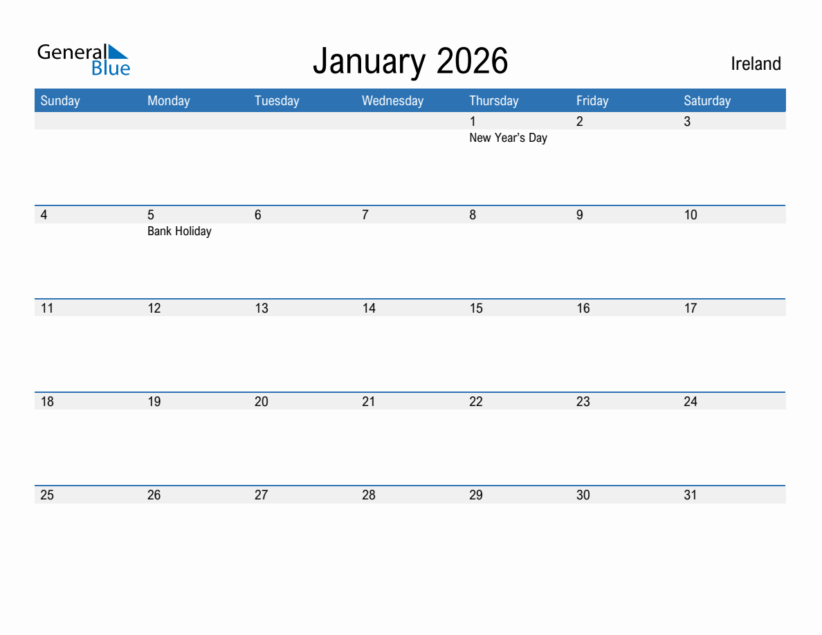 January 2026 Monthly Calendars with Ireland Holidays