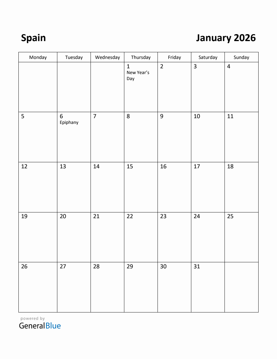 Free Printable January 2026 Calendar for Spain (Monday Start)