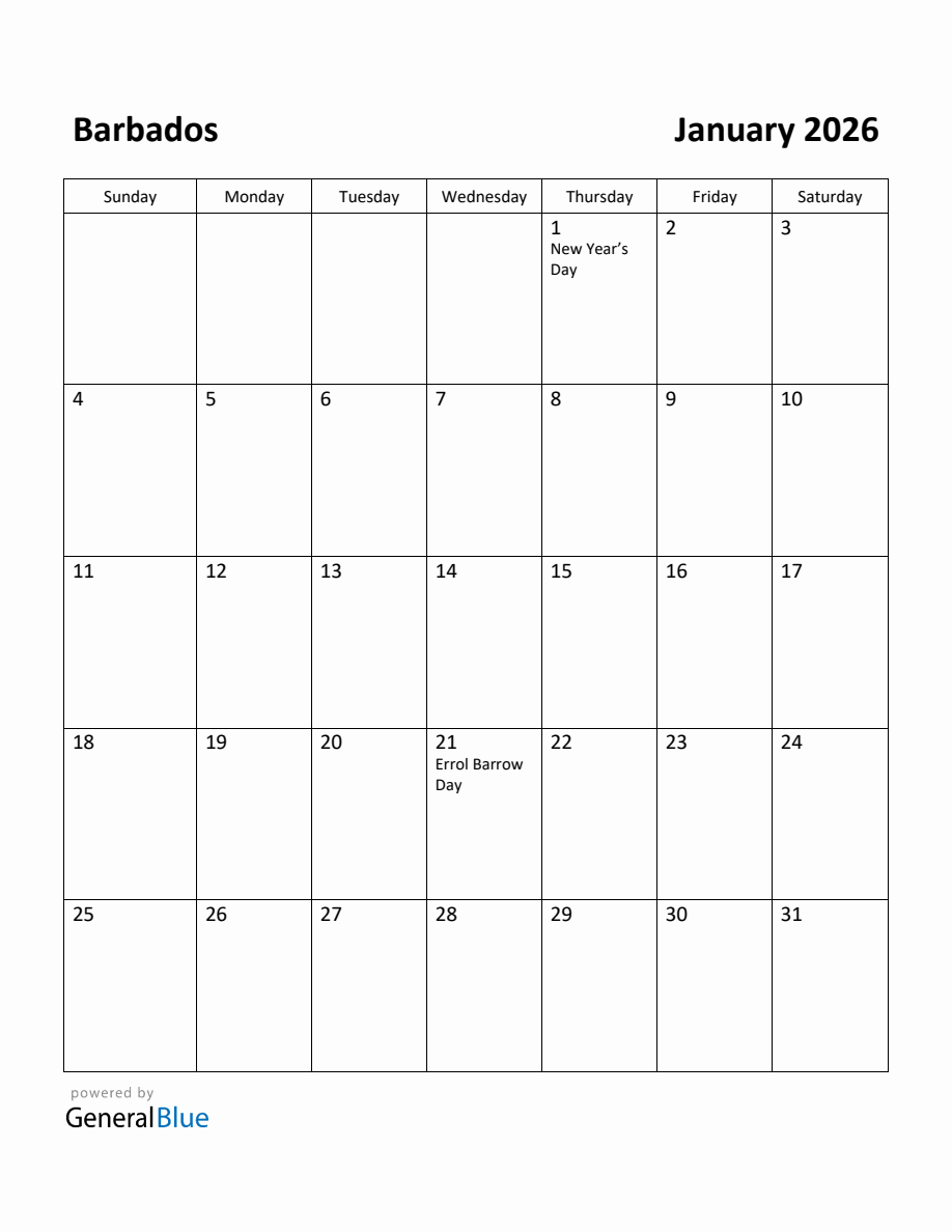 Free Printable January 2026 Calendar for Barbados