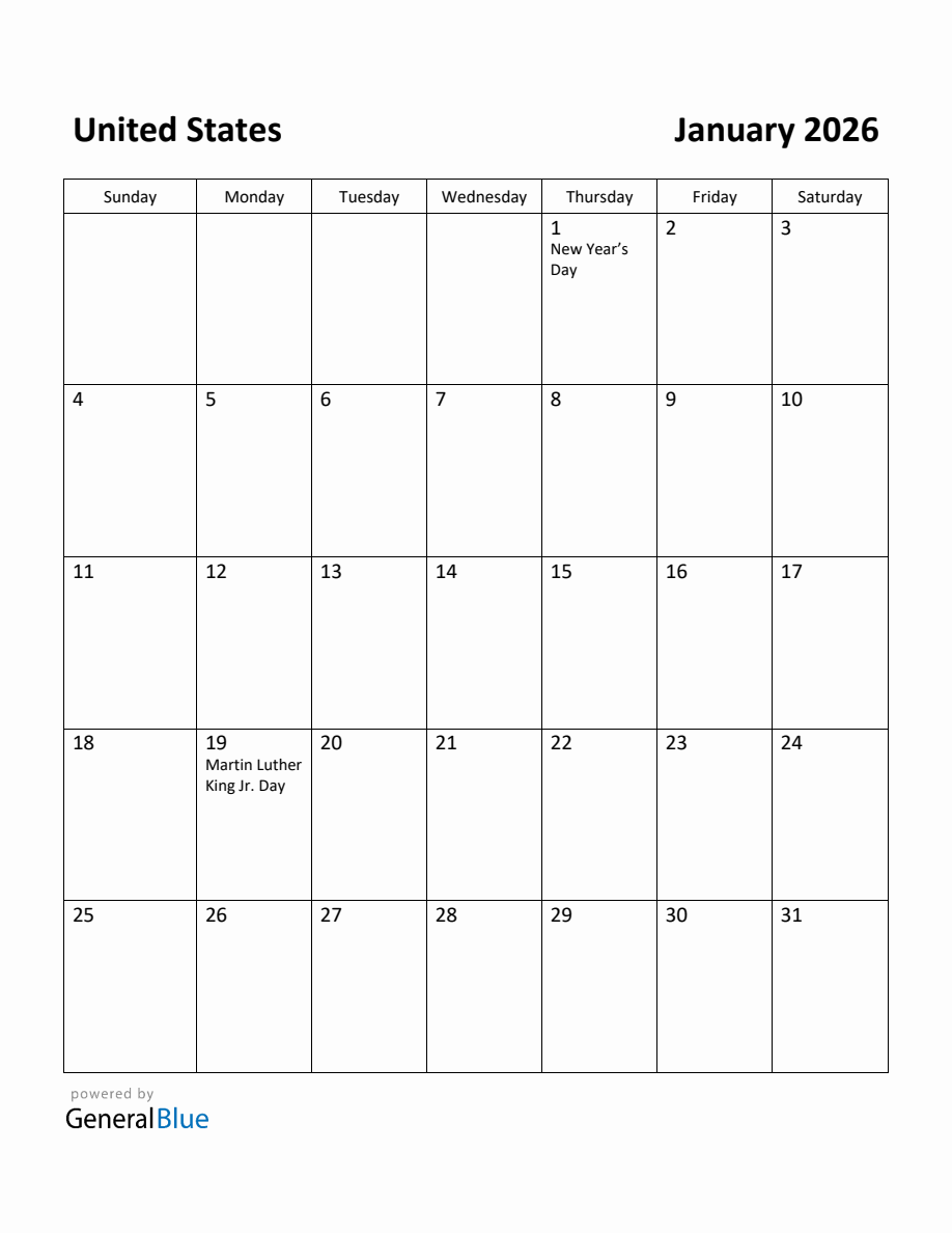 Free Printable January 2026 Calendar for United States