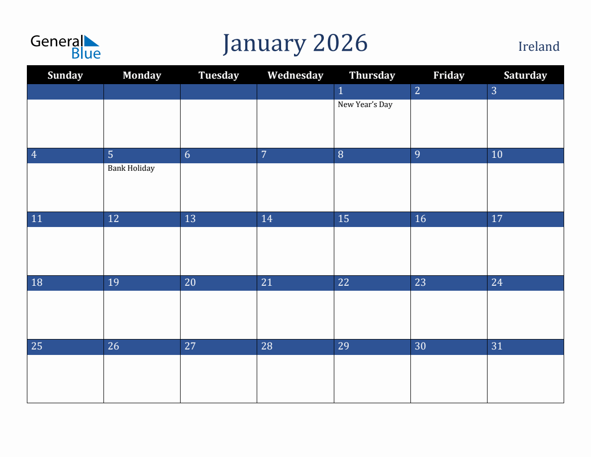 January 2026 Ireland Holiday Calendar