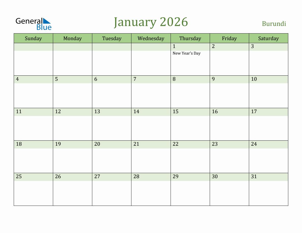 Fillable Holiday Calendar for Burundi - January 2026