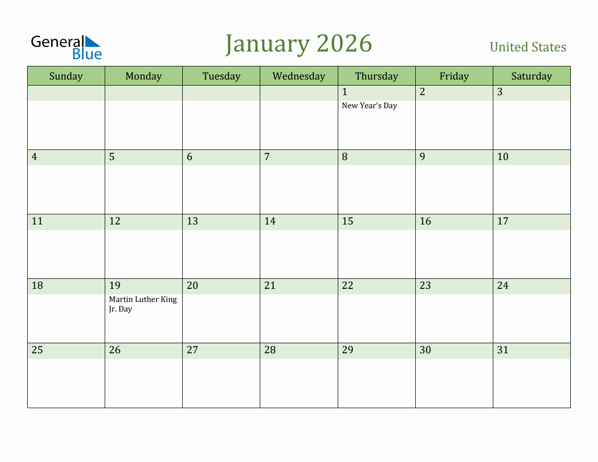 Fillable Holiday Calendar for United States - January 2026