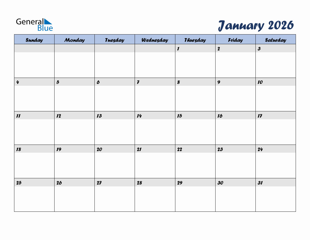 Free January 2026 Monthly Editable Calendar