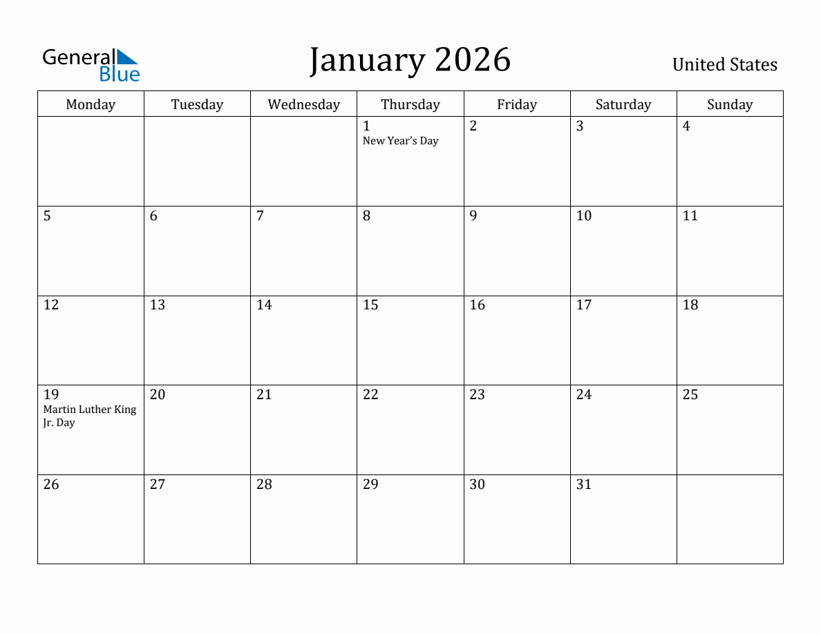 United States Monthly Calendar - January 2026 (Monday Start)