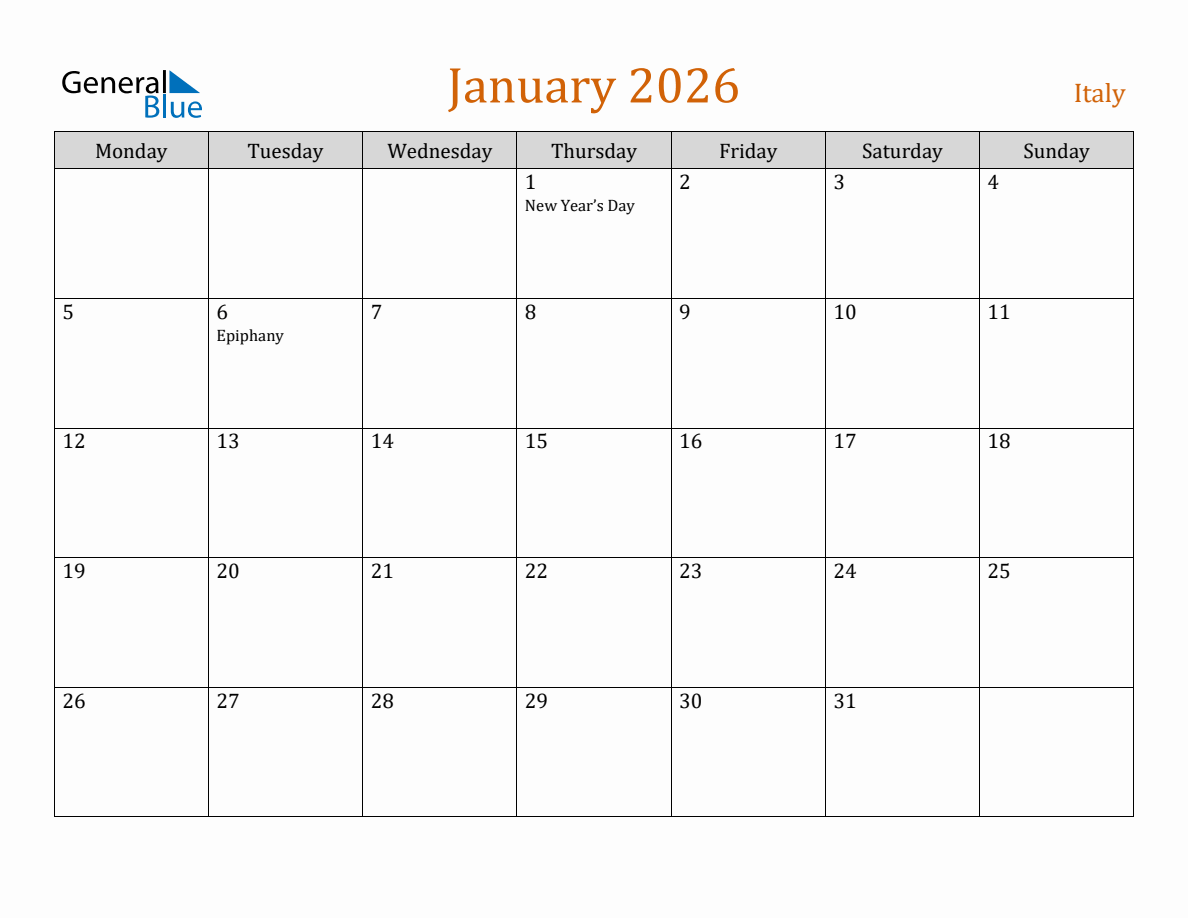 Free January 2026 Italy Calendar (Monday Start)