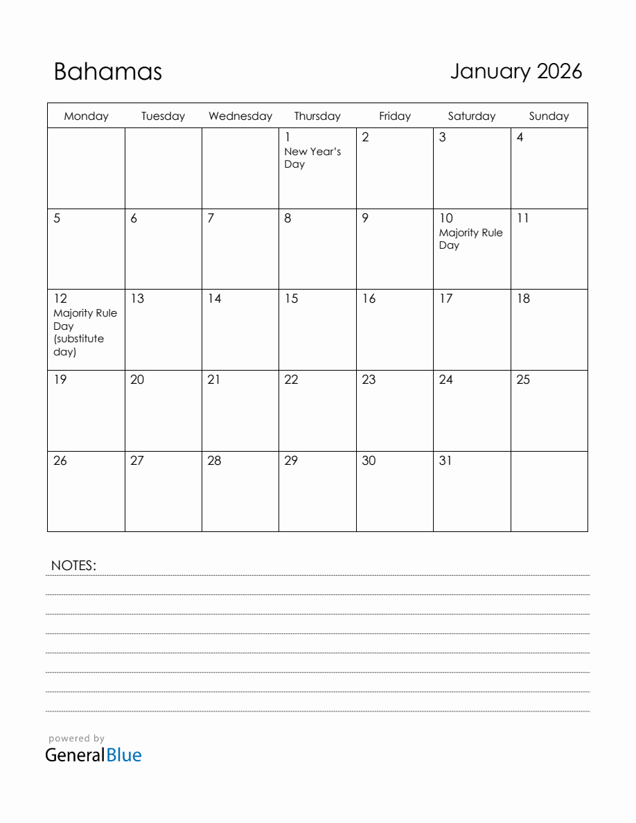 January 2026 Bahamas Calendar with Holidays (Monday Start)