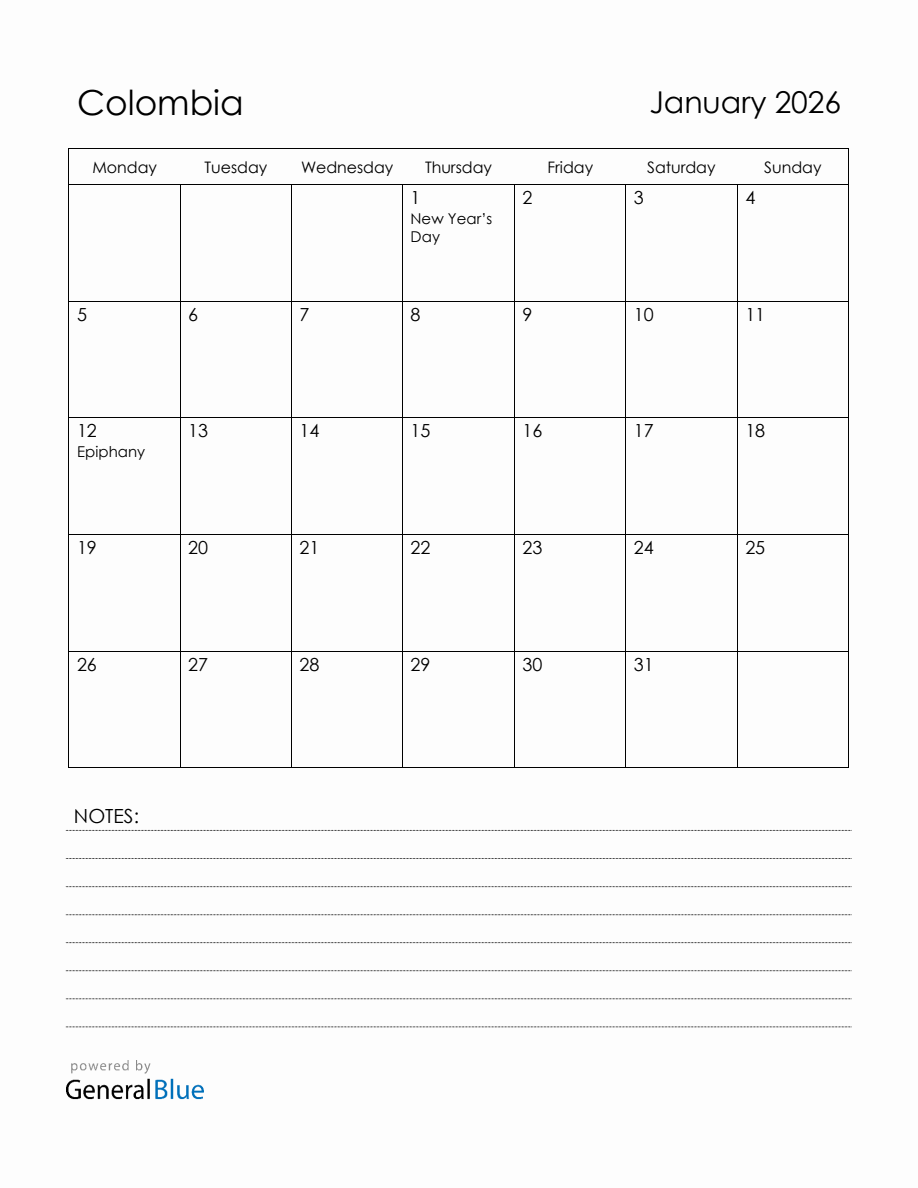 January 2026 Colombia Calendar with Holidays (Monday Start)