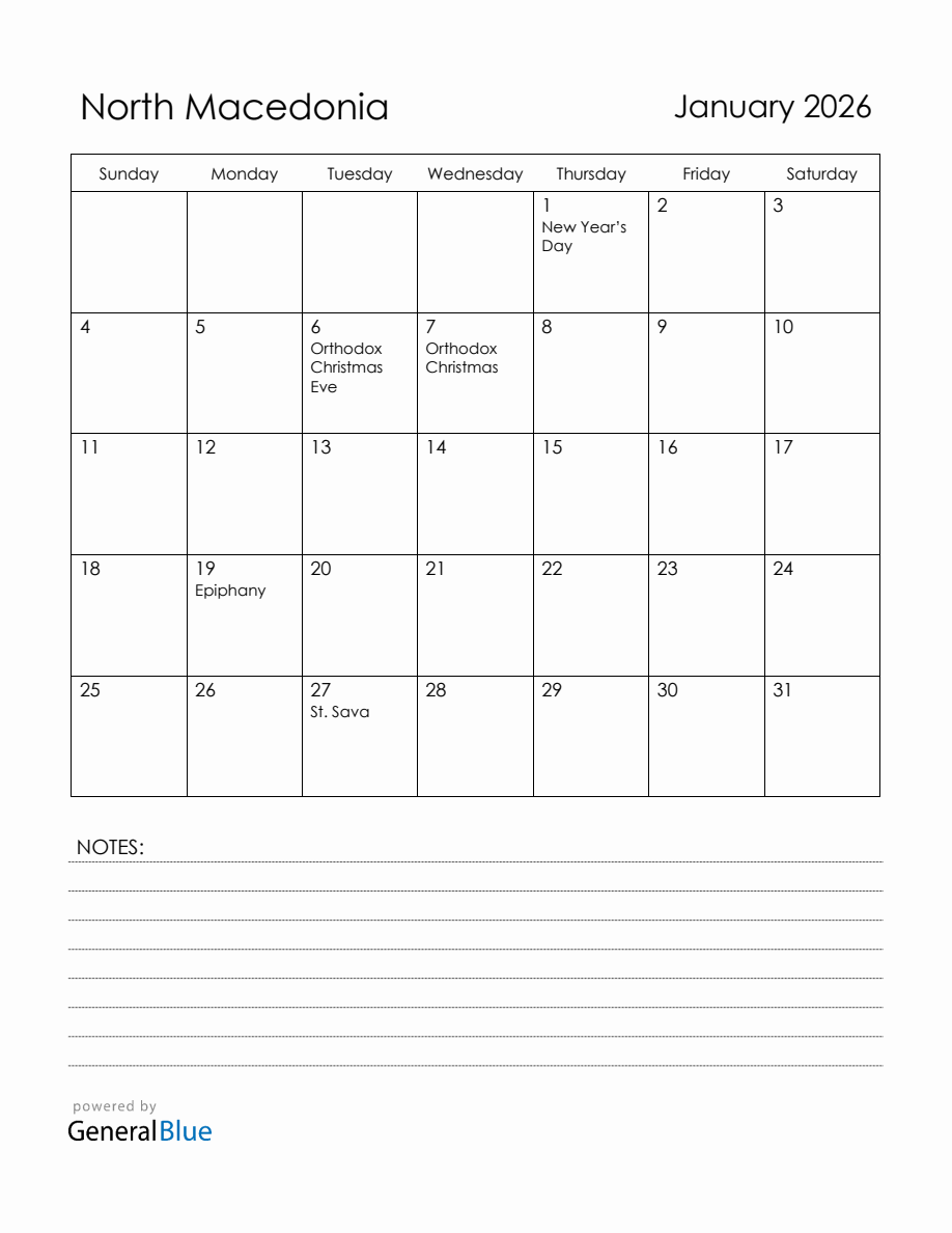 January 2026 North Macedonia Calendar with Holidays