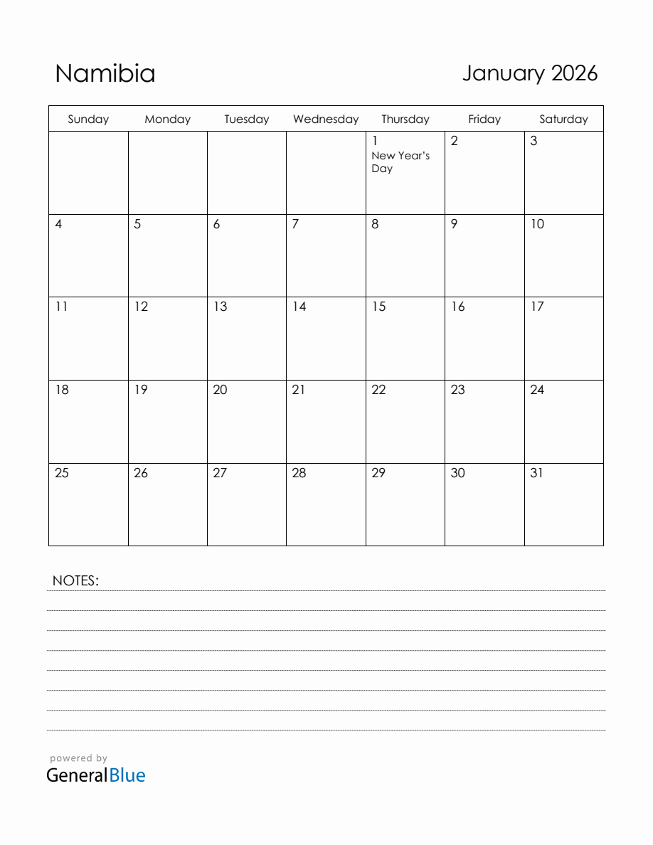 January 2026 Namibia Calendar with Holidays