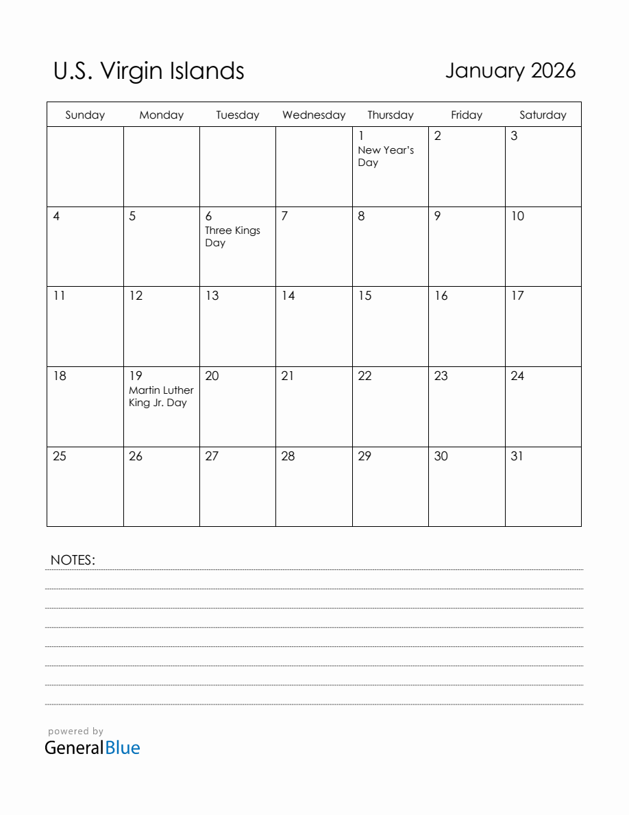 January 2026 U.S. Virgin Islands Calendar with Holidays