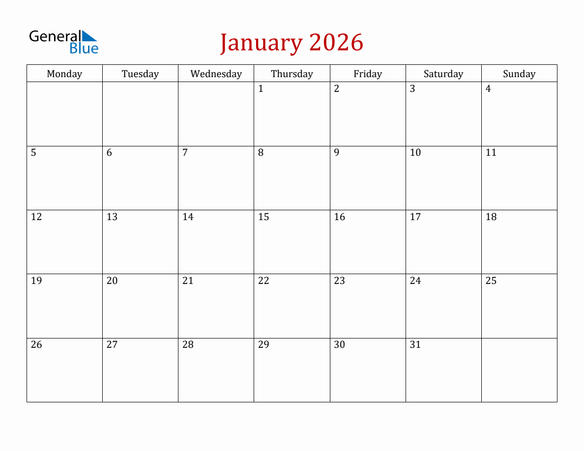 January 2026 Simple Calendar - Monday Start