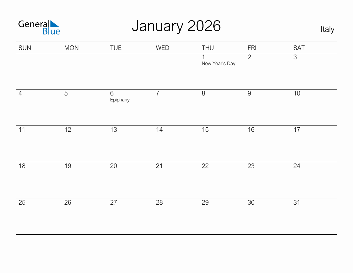 Printable January 2026 Monthly Calendar with Holidays for Italy