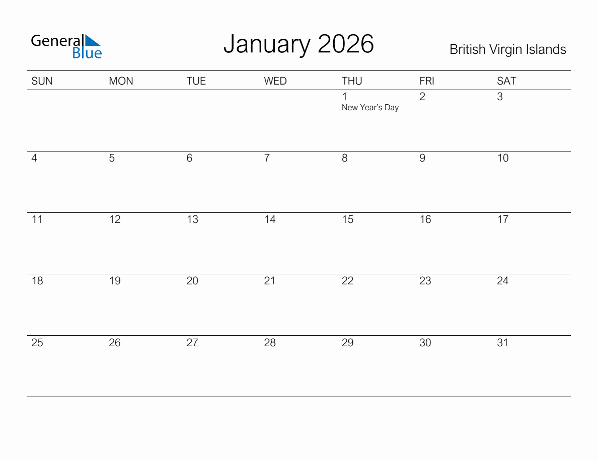 Printable January 2026 Monthly Calendar with Holidays for British ...