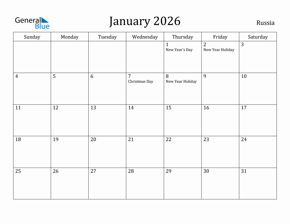 January 2026 Monthly Calendar with Russia Holidays