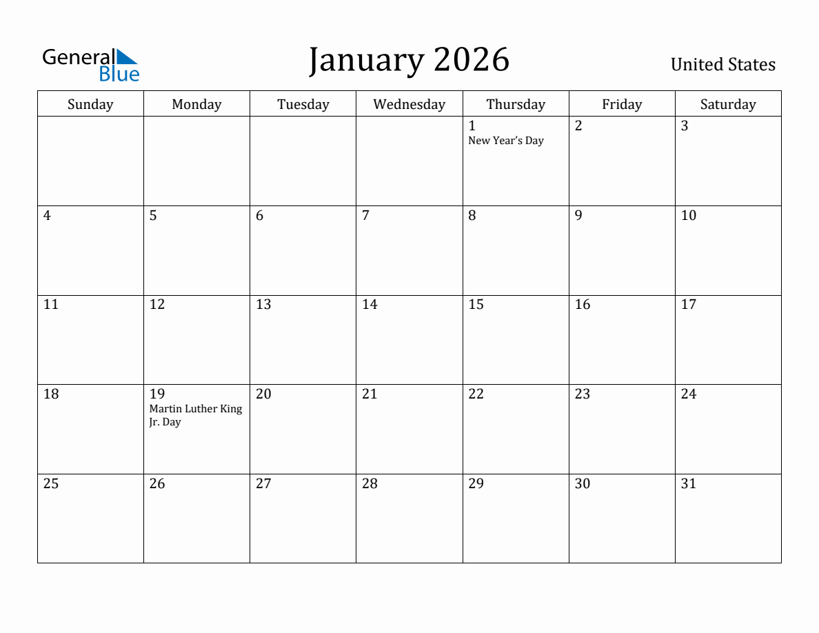 January 2026 Monthly Calendar with United States Holidays