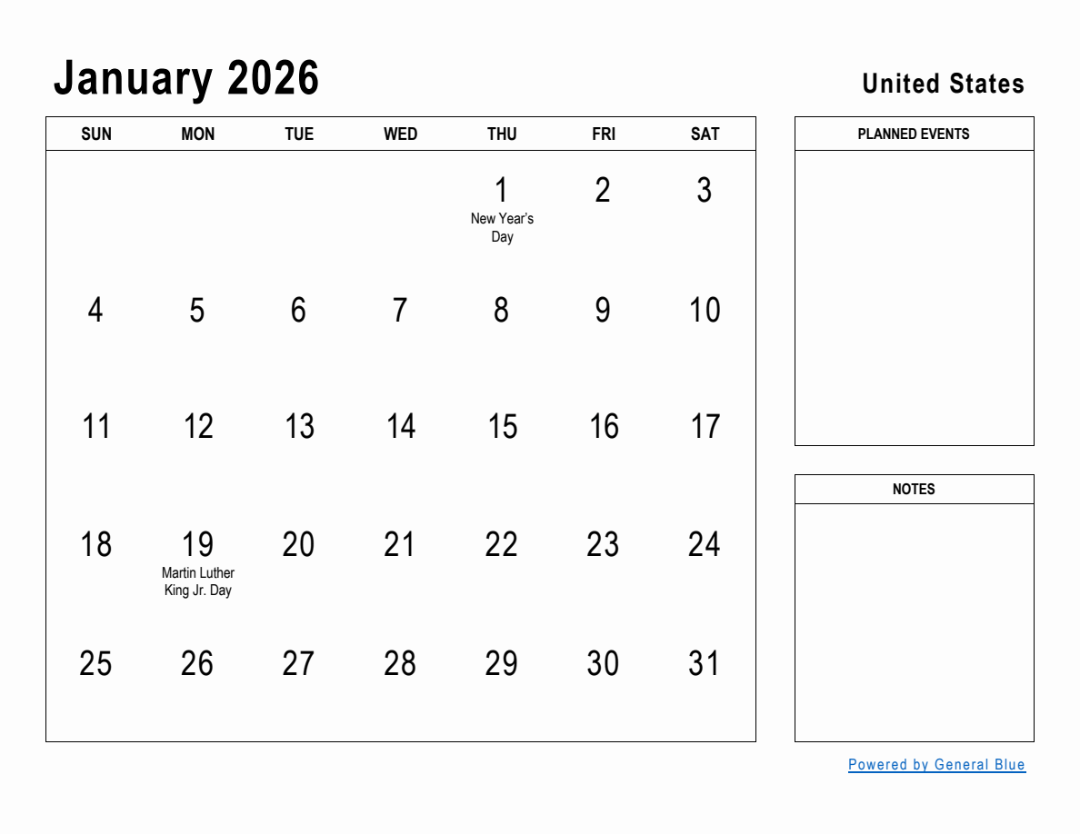 January 2026 Planner with United States Holidays