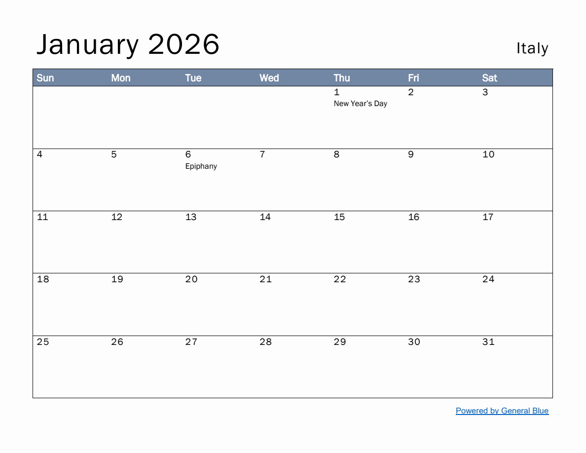 Free Monthly Calendar Template for January 2026 with Italy Holidays