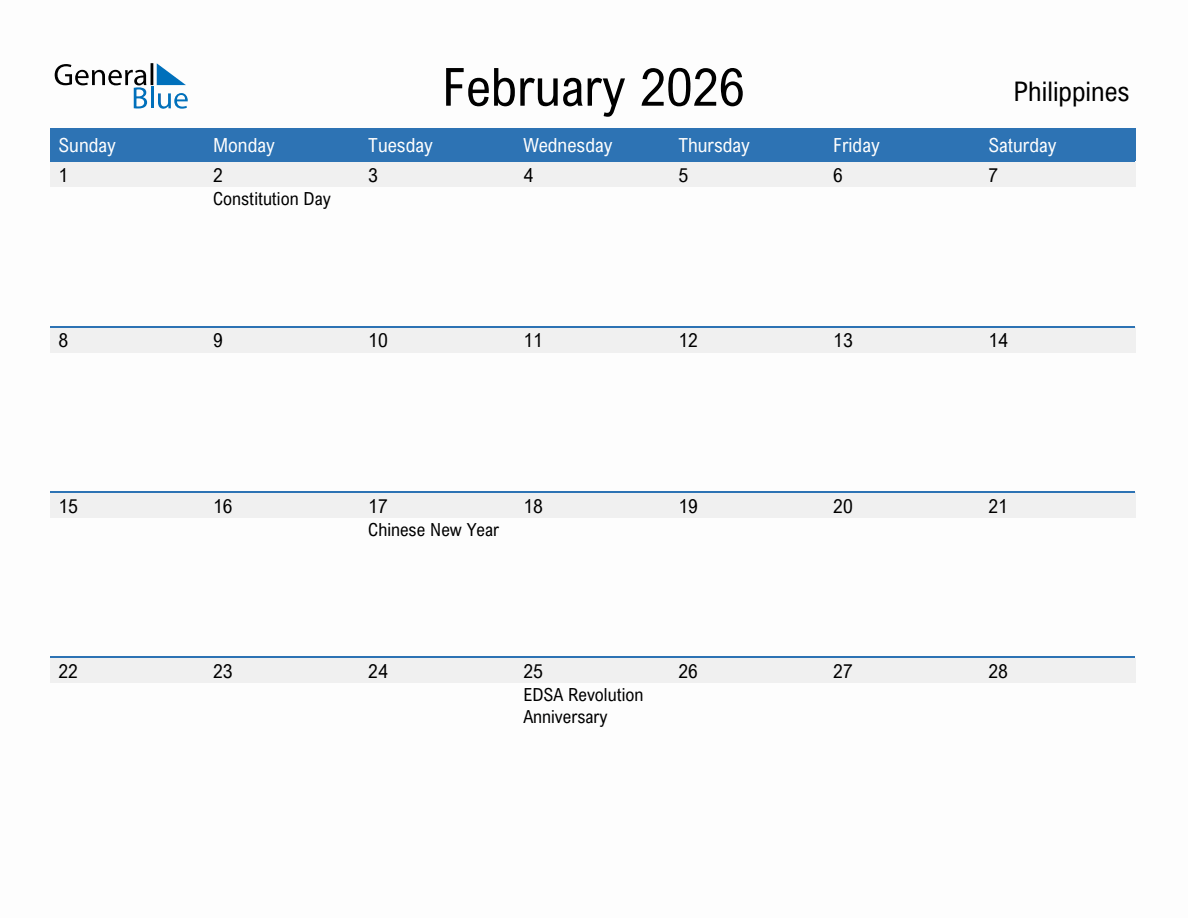 February 2026 Monthly Calendars with Philippines Holidays