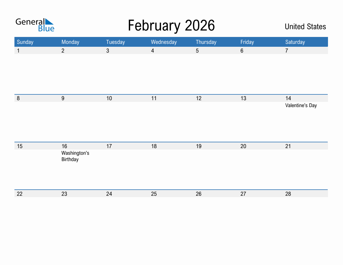 February 2026 Monthly Calendars with United States Holidays