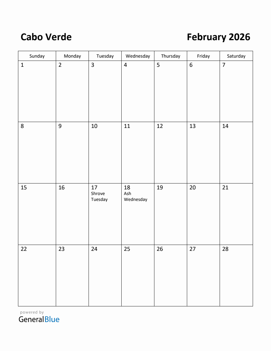 Free Printable February 2026 Calendar for Cabo Verde